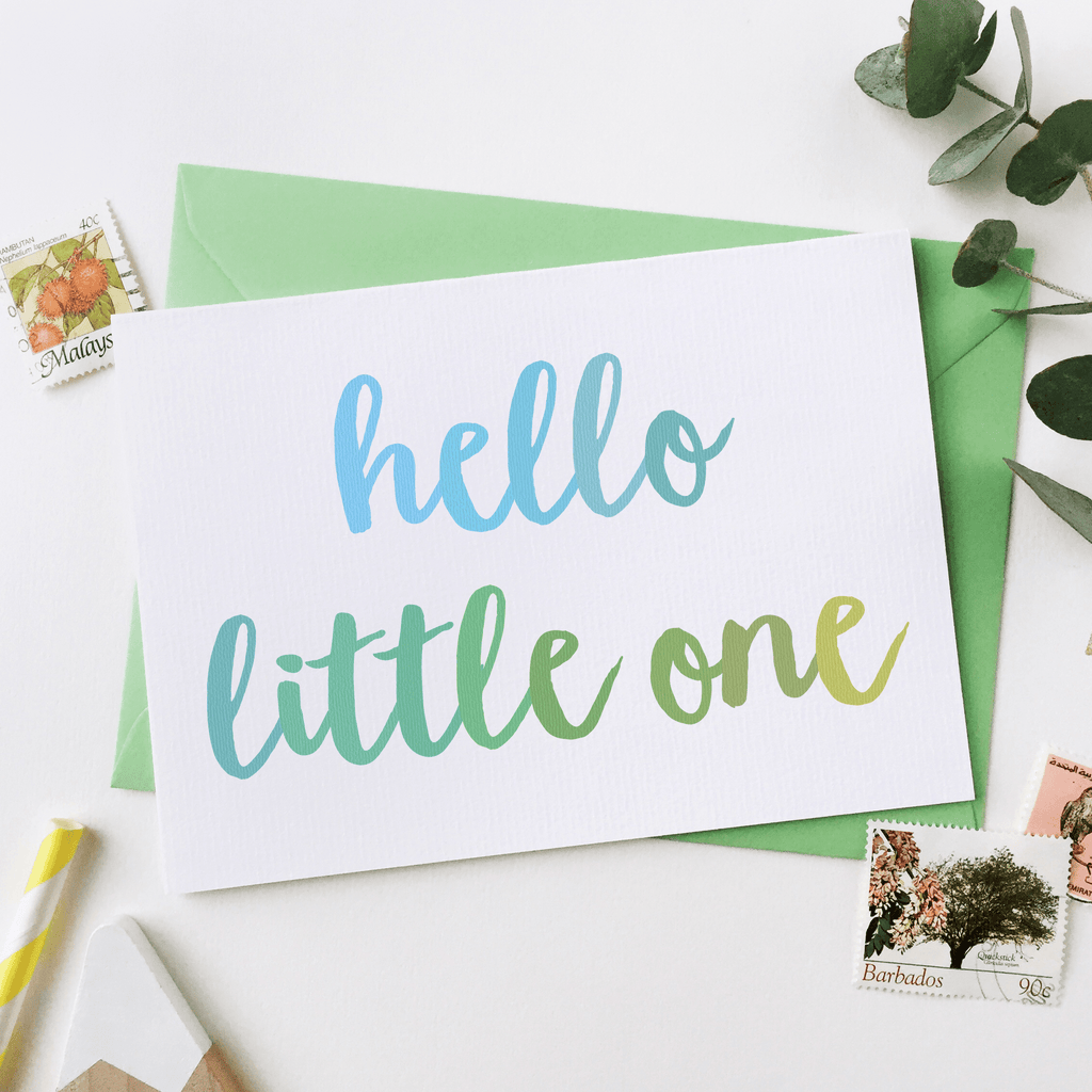 Hello Little One New Baby Card / Greens And Blues – Clara and Macy